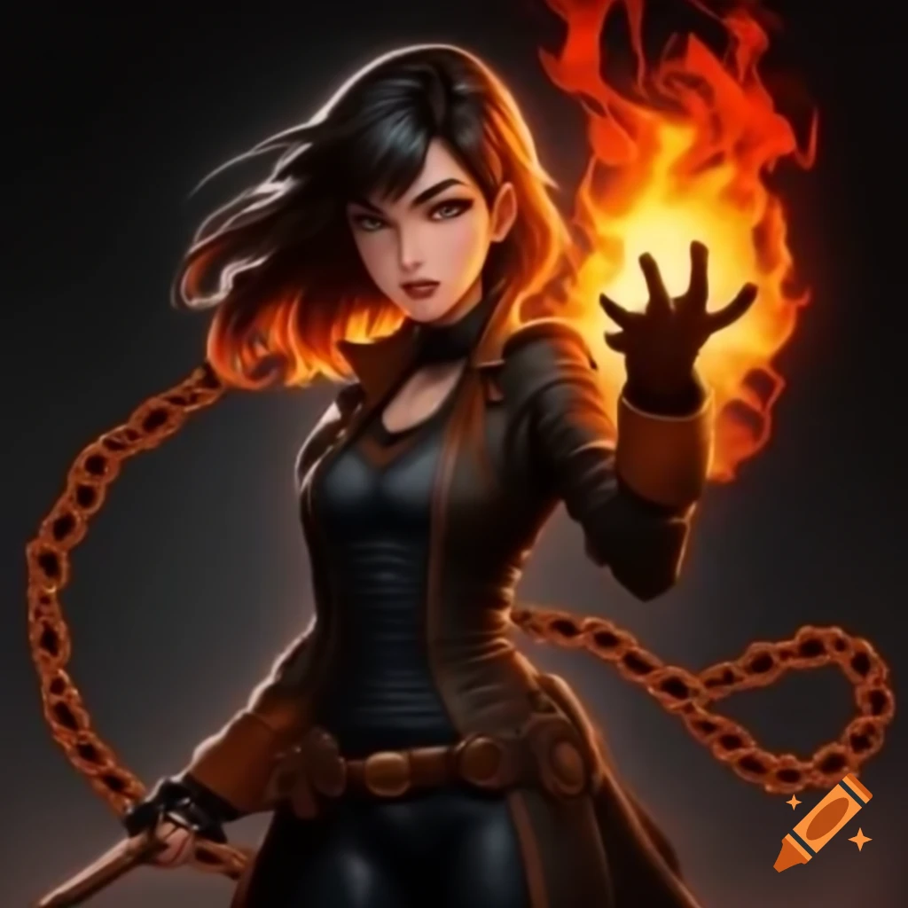 Character art of a powerful woman with fiery brown hair wielding a flaming chain weapon on Craiyon