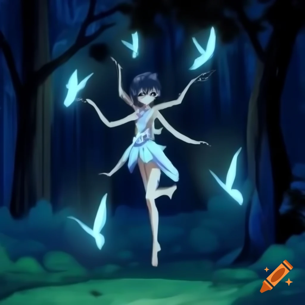 Luminescent female spider-fairy flying gracefully in nighttime forest ...