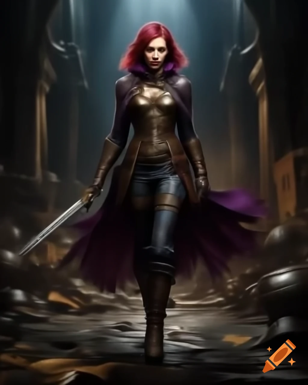 Human rogue character with dark crimson hair in detailed leather attire ...