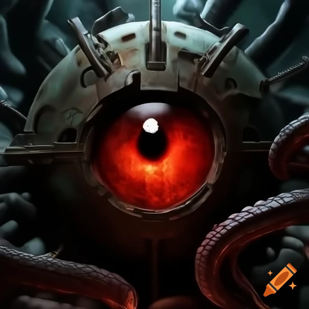 Gigantic menacing red eye inside rusted sphere with iron tentacles on ...