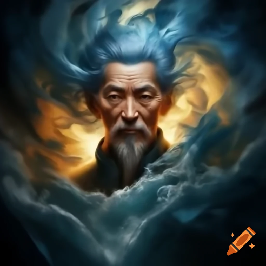 Middle-aged asian sorcerer surrounded by swirling water and electricity ...