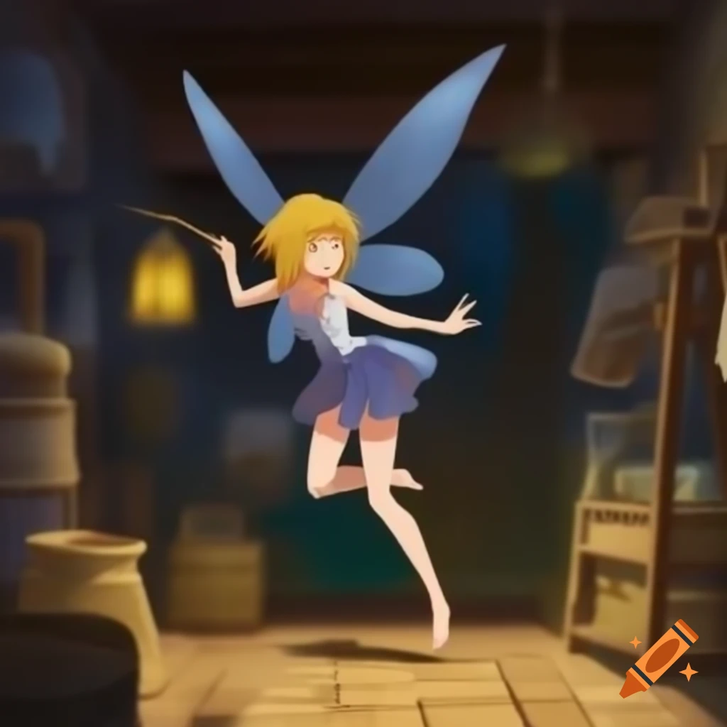 Anime female fairy flying in cozy rustic shop on Craiyon