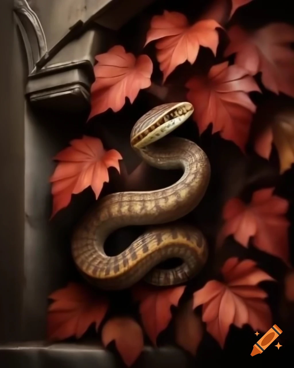 XIX century romanticist oil painting of an adder among autumn leaves on ...