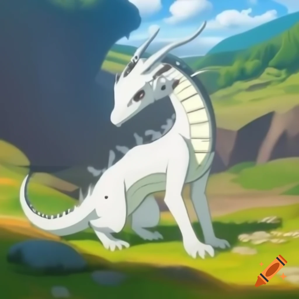 Anime-style slender white dragon stretching in morning light at cave ...