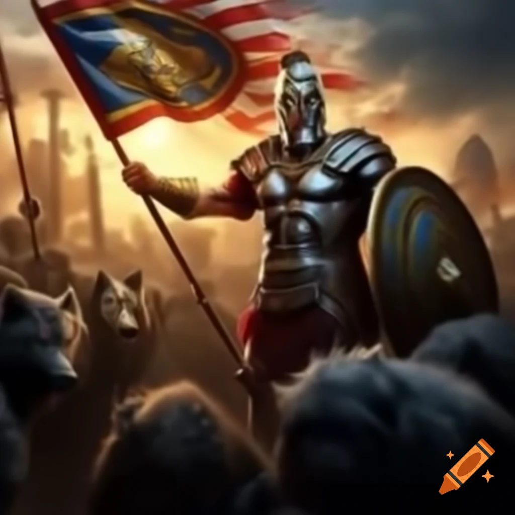 Roman signifer holding wolf battle flag in golden light of victory on ...