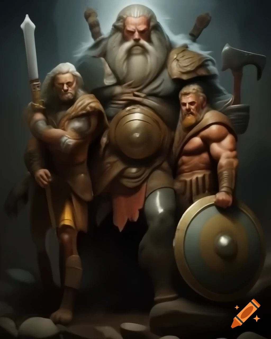 Three warriors: a giant with sword, a barbarian with axe, and a veteran ...