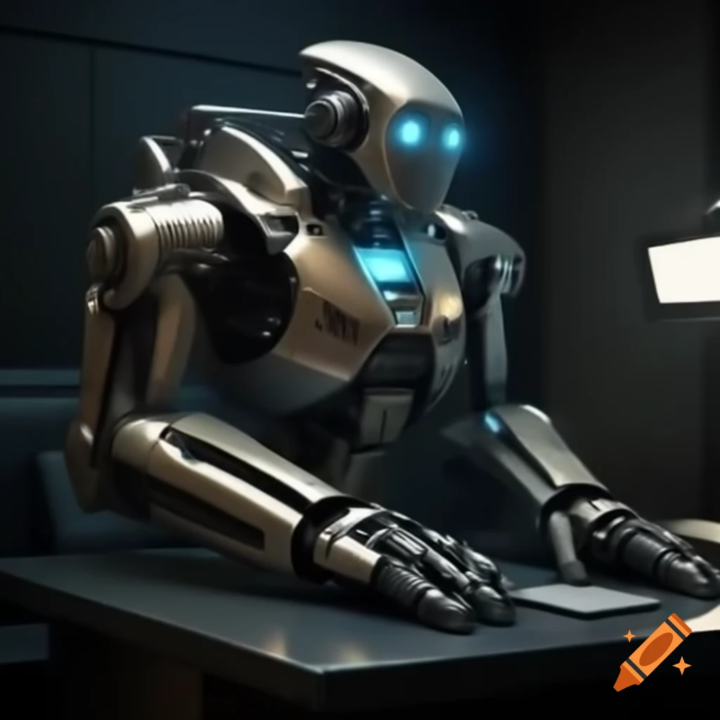 Futuristic anthropomorphic robot with glowing blue eyes in dimly lit ...