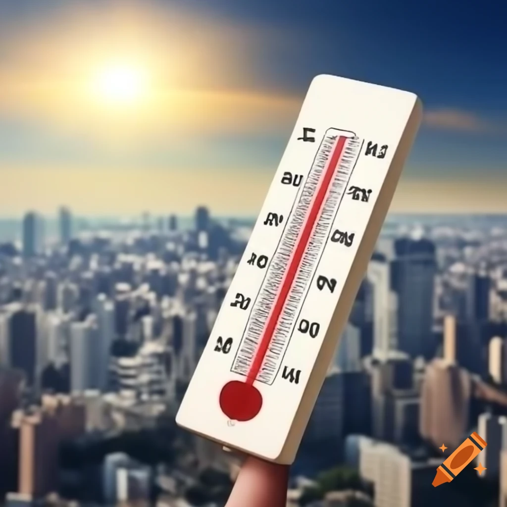 Thermometer showing 50 degrees in front of cityscape under strong sun ...