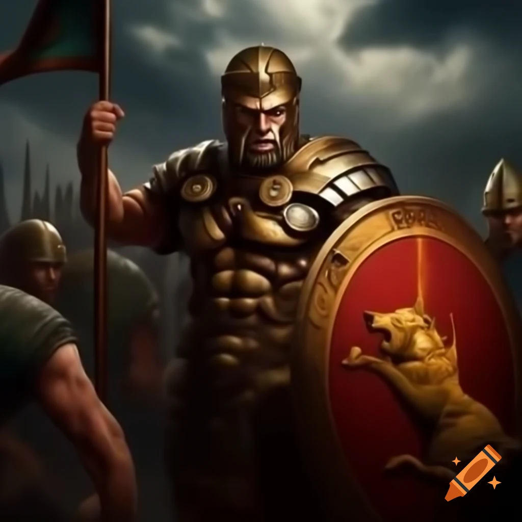 Roman signifer holding wolf battle flag in dramatic light of victory on ...