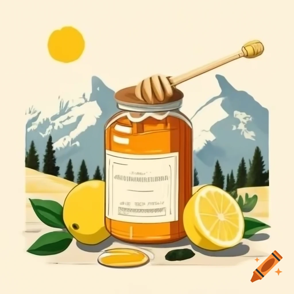 Hand-drawn illustration of jar of honey and lemon slices with alpine ...