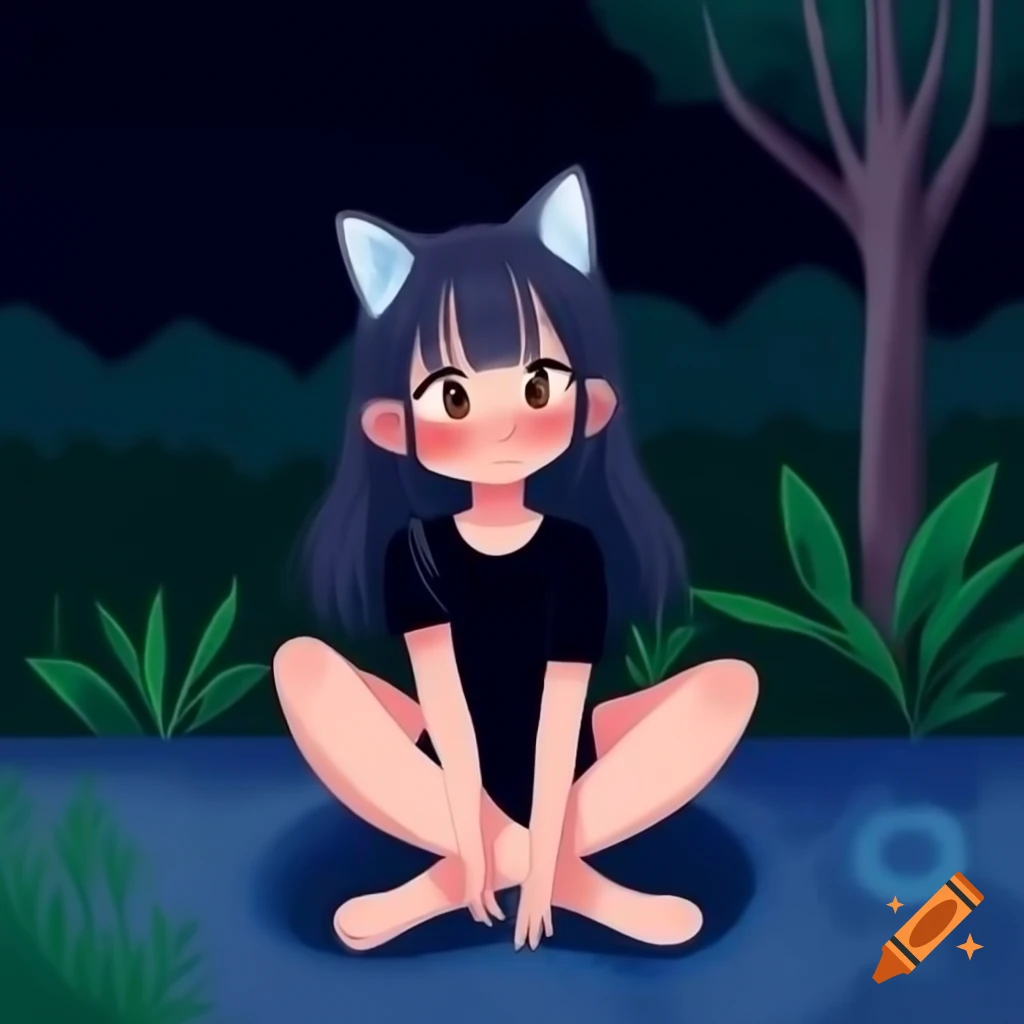 Anime girl with cat ears in black leotard crouching in garden at night ...