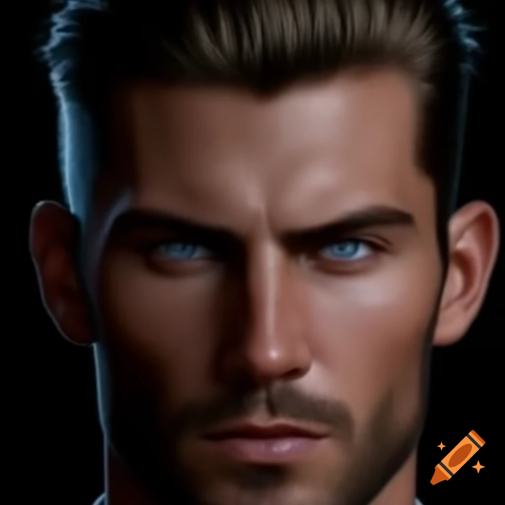 Man with striking features, sharp jawline, and piercing blue eyes on ...
