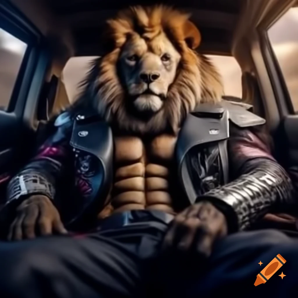 Muscular lion in punk-style suit inside a car on Craiyon
