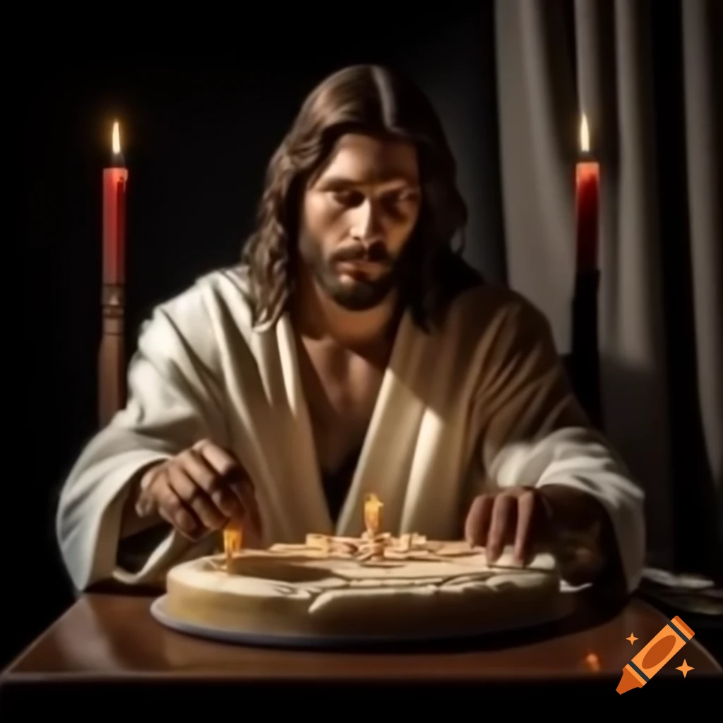 Jesus Christ sitting on wooden chair holding parchment with 'Happy ...