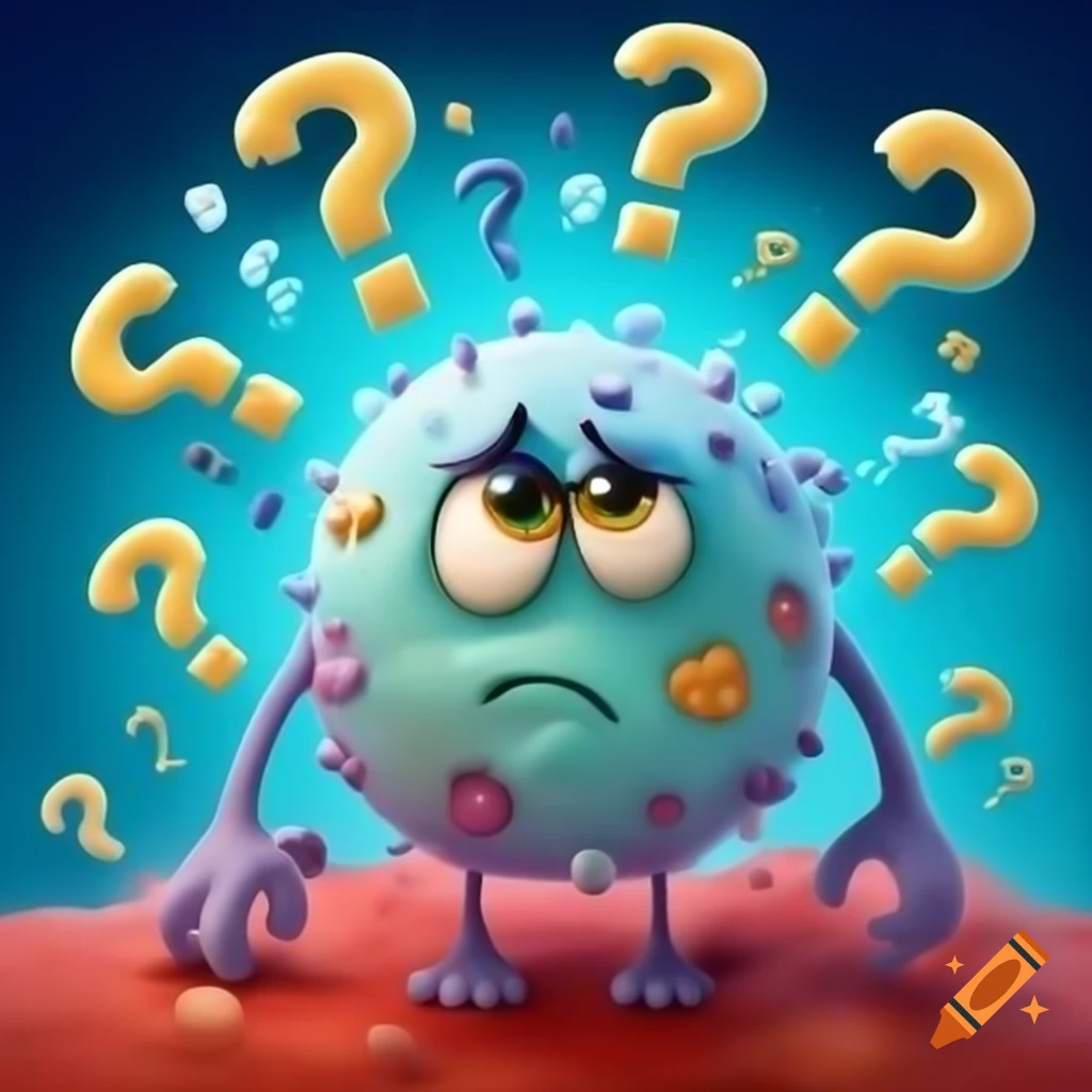 Curious cartoon microbe with question marks around on Craiyon