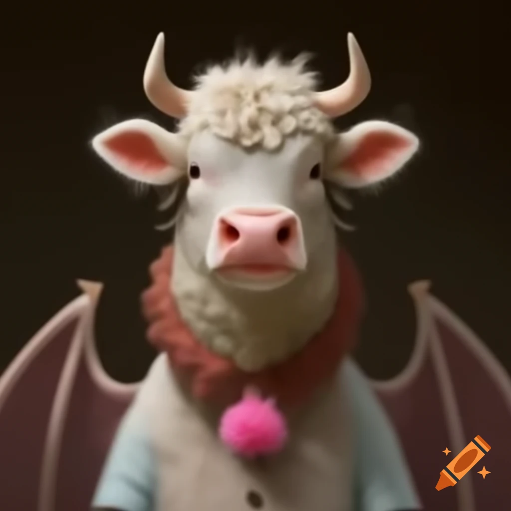 Whimsical cow with bat wings and a pink pom-pom on its forehead on Craiyon
