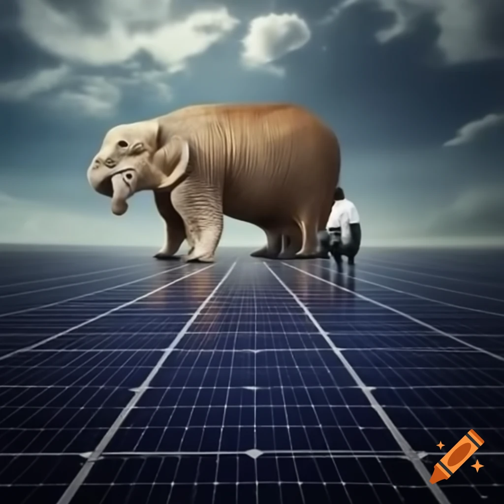 Futuristic scene with giant animals and small men in solarpunk style on ...