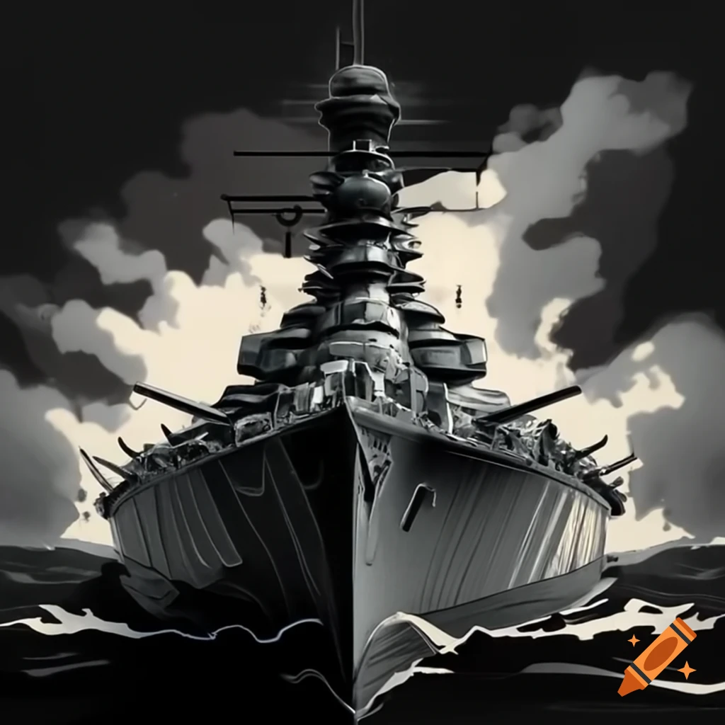 Black and white linocut print of wwii battleship highlighting rivets ...