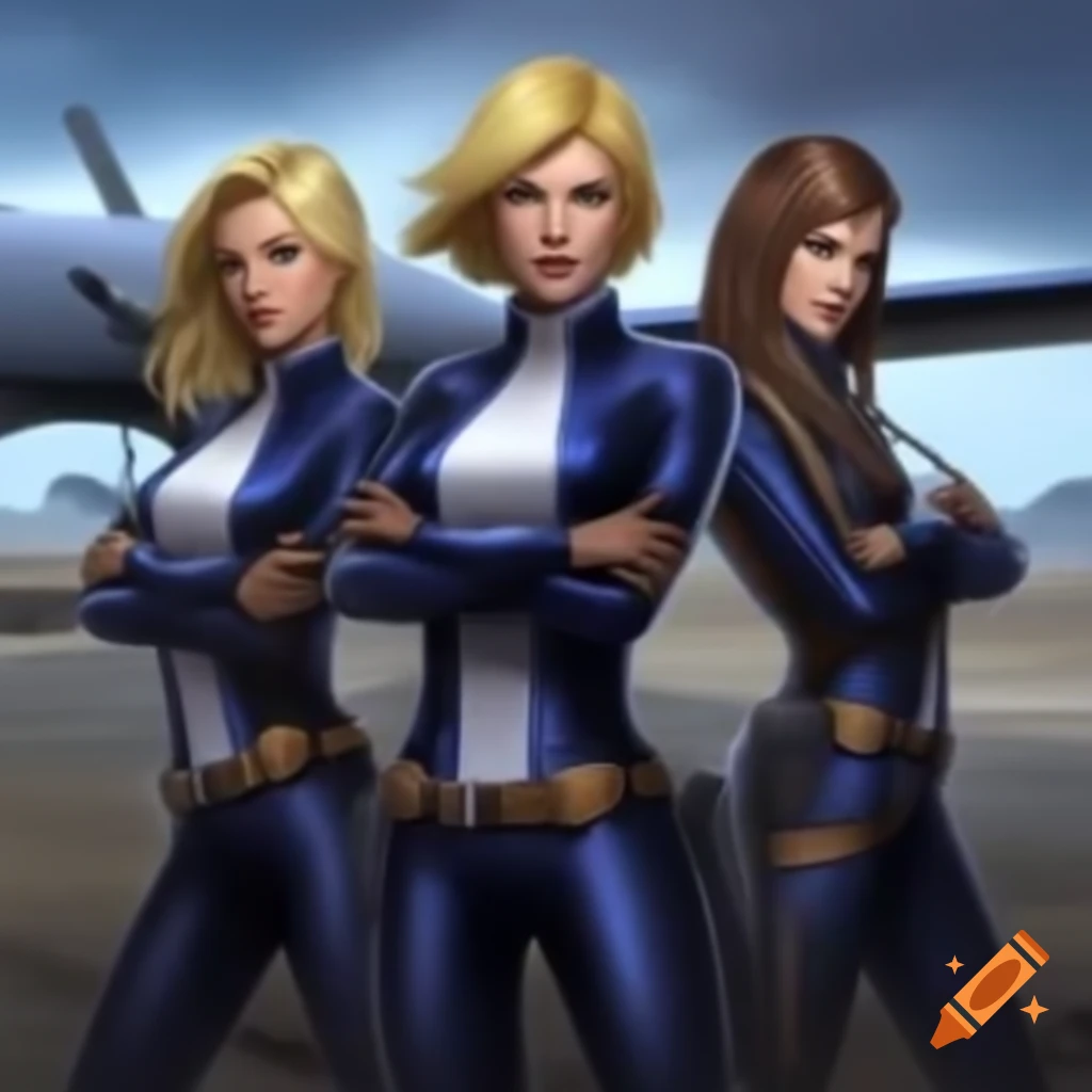Three blonde heroines in sleek suits with a white raven, ready for ...