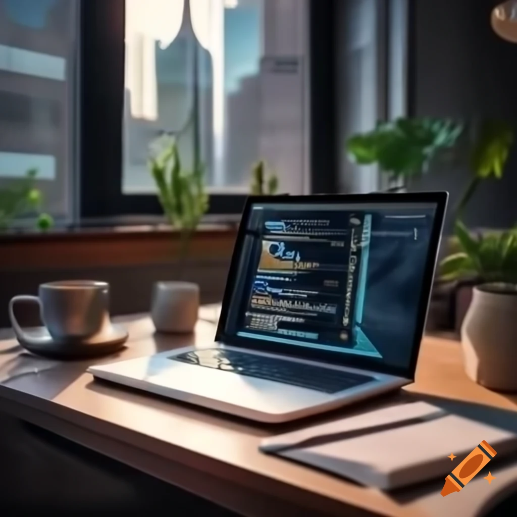 Modern workspace with macbook displaying swift code for ios development on Craiyon