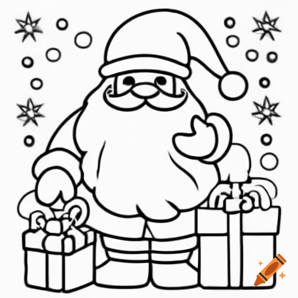 Black-and-white line art of santa claus with christmas tree and gifts ...
