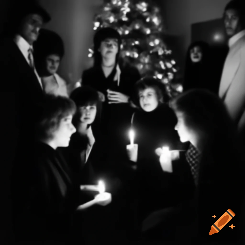 1980s pop singers standing in front of christmas tree with candle on ...