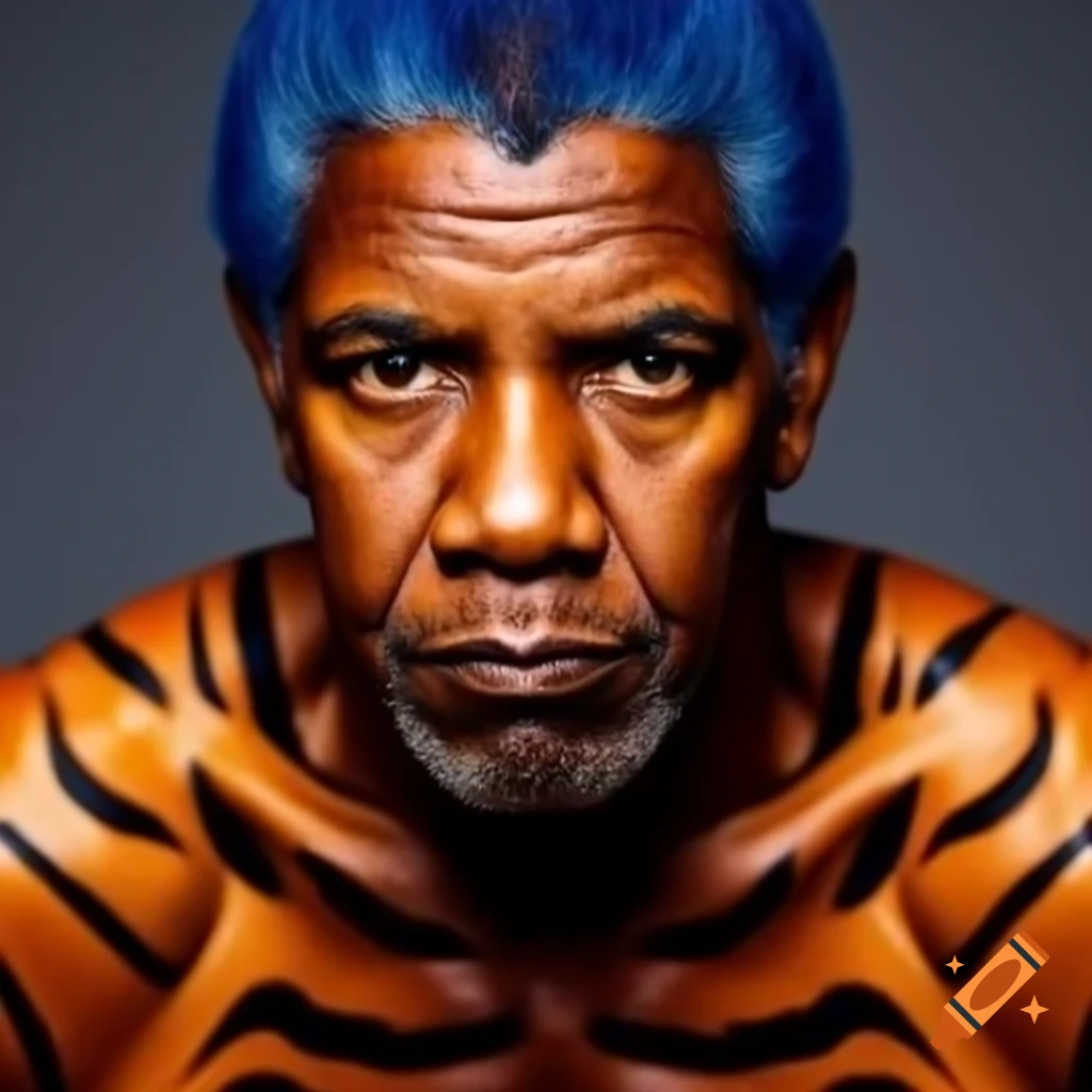 Muscular man with tiger-style makeup and serious expression on Craiyon