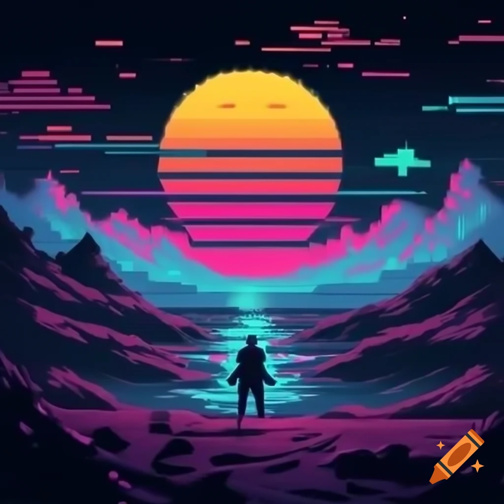 Pixelated landscape with retro sunset and hero in synth-wave style on ...