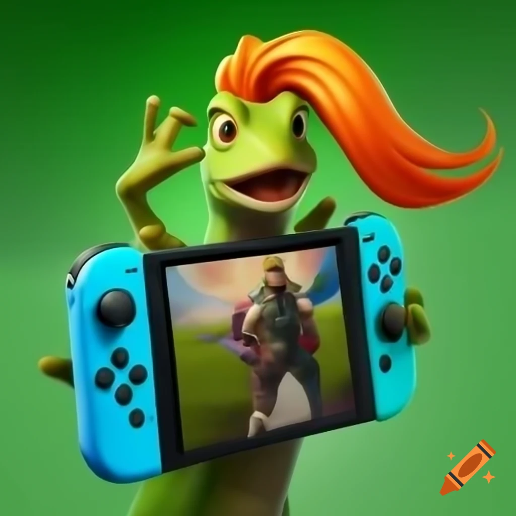 Lizard with orange hair playing fortnite on nintendo switch on Craiyon