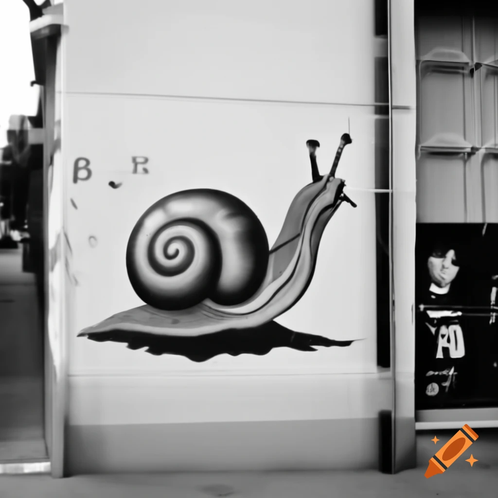 Black and white snail graffiti on wall, street art style reminiscent of ...