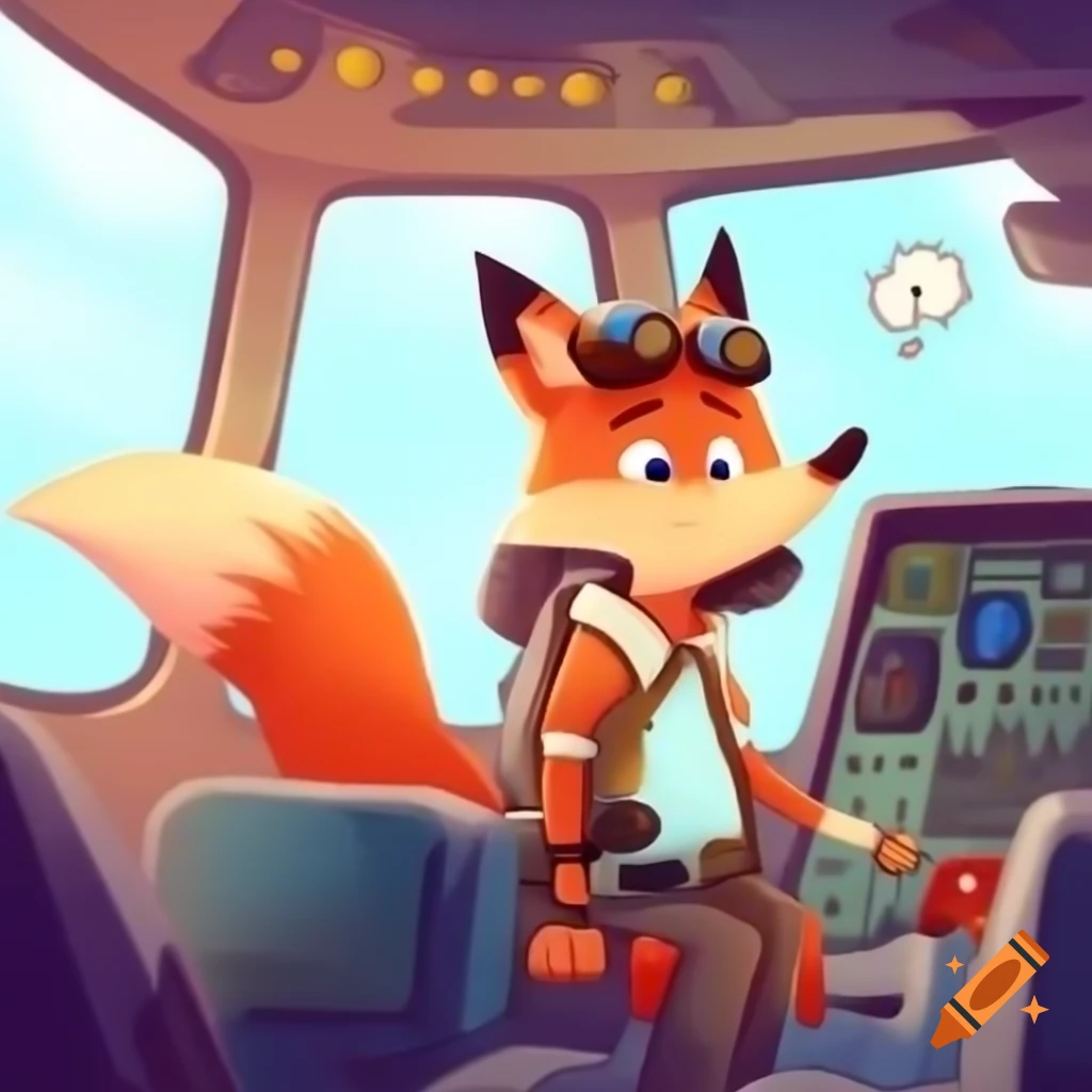 Cartoon fox in pilot outfit in jet cockpit, with thought bubble of ...