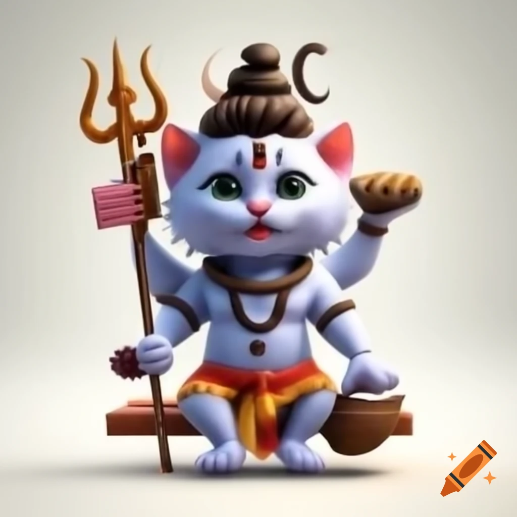 Cartoon kitten shiva with four arms and third eye on white background ...
