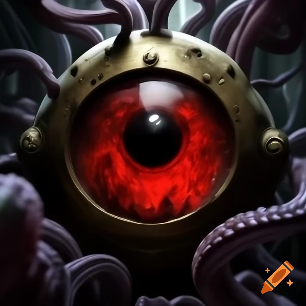 Gigantic menacing red eye in brass sphere with iron tentacles on Craiyon