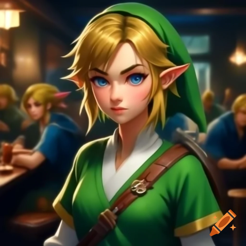 Stylized character resembling Link with feminine traits in a busy ...