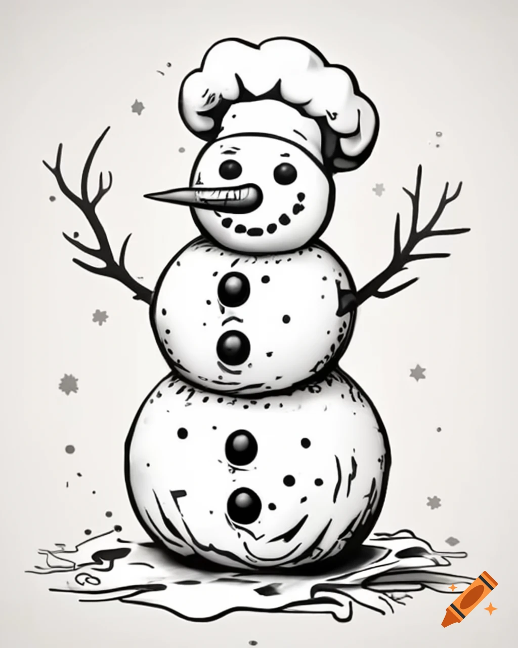 Jolly snowman chef slipping and launching noodles into the air, black ...