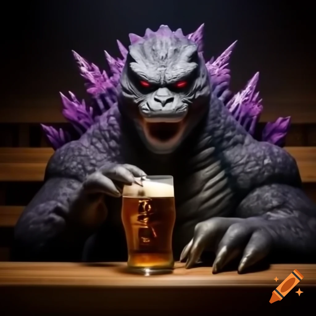 Menacing purple Godzilla enjoying a beer in a dark sauna on Craiyon