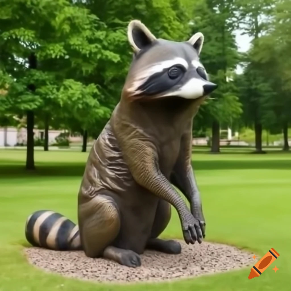 Large bronze raccoon statue in park on Craiyon