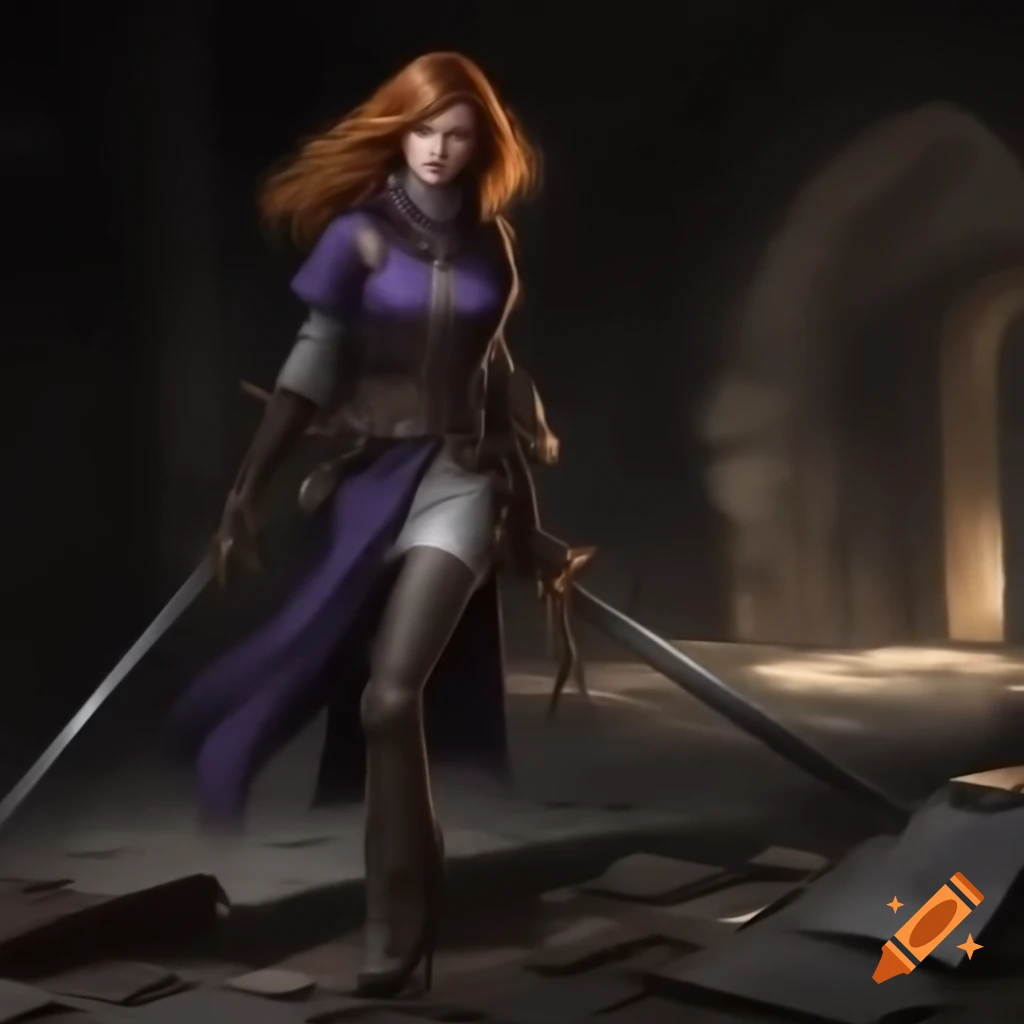 Photo-realistic human rogue character resembling Imoen in leather doublet on Craiyon