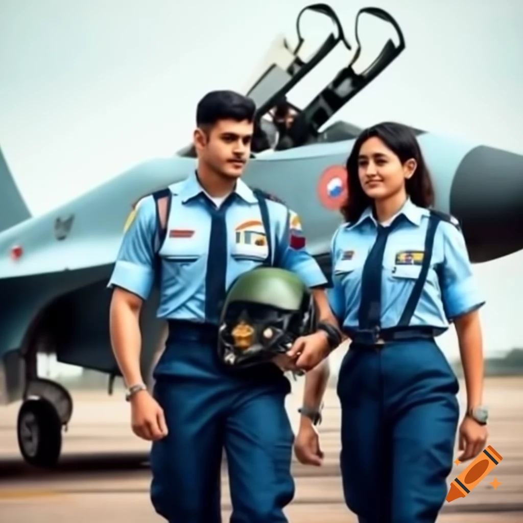 Indian Air Force pilots in flying overalls and female officer in light ...