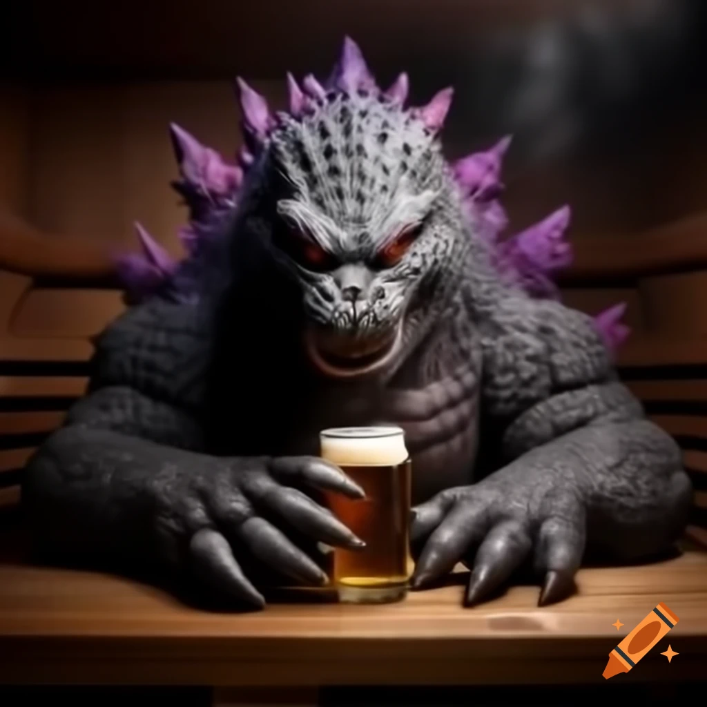 Menacing purple Godzilla enjoying a beer in a dark sauna on Craiyon