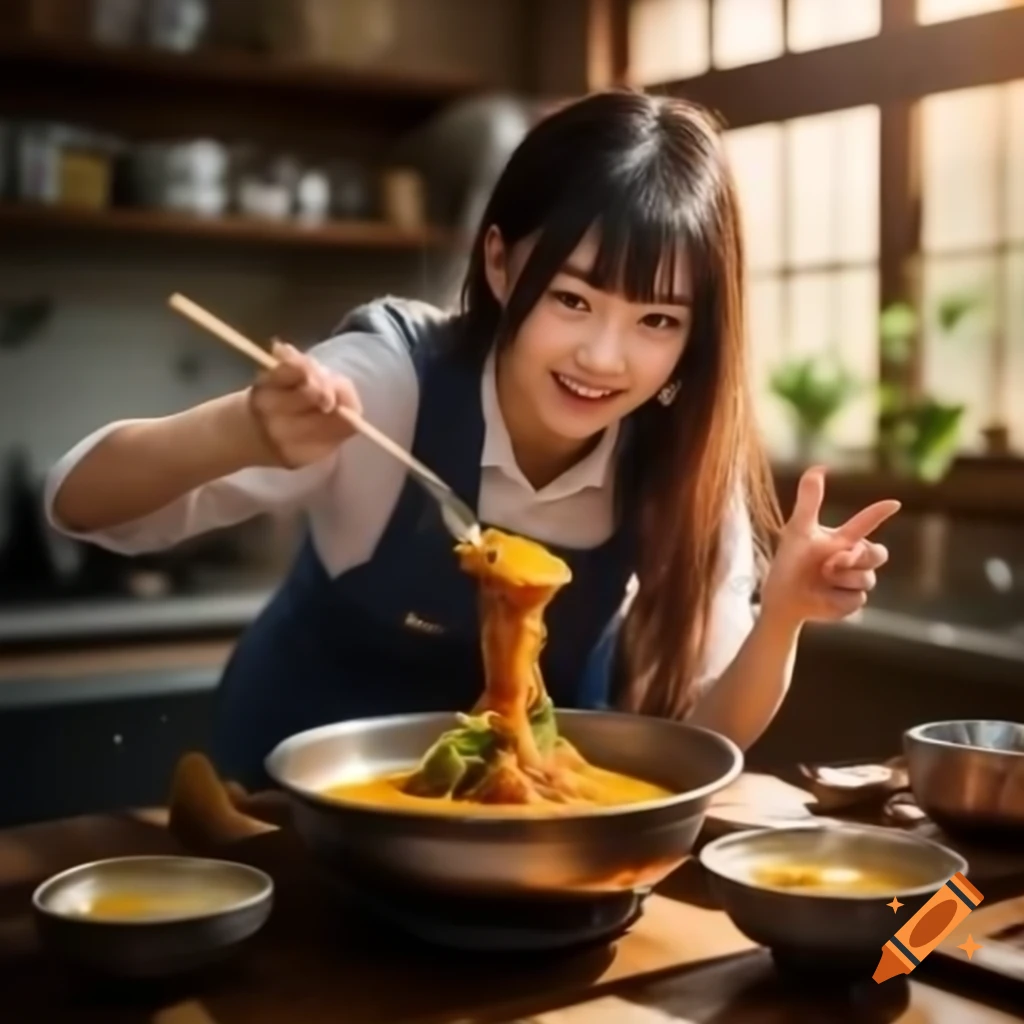 Japanese woman with twintails preparing curry in bright kitchen on Craiyon