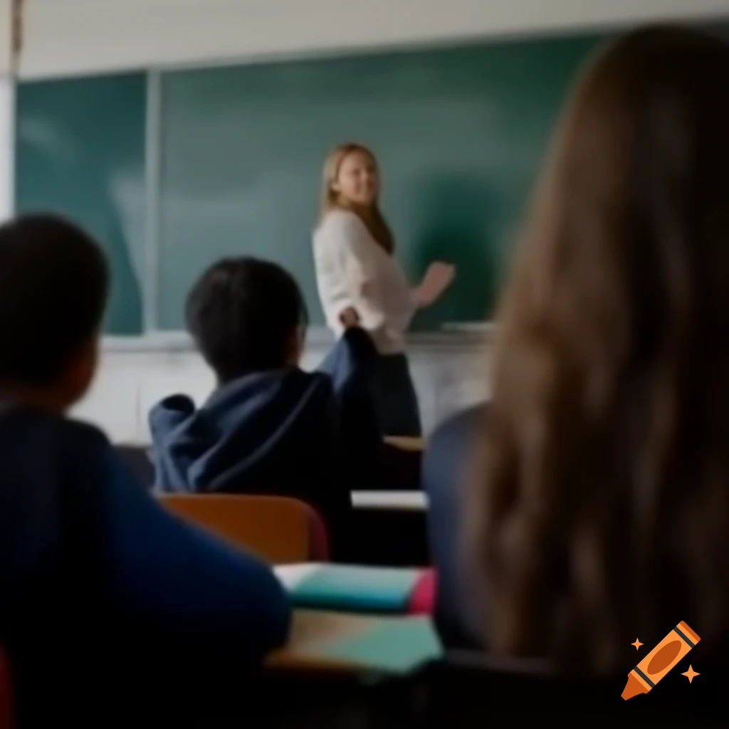 Teacher lecturing engaged students in a bright classroom on Craiyon