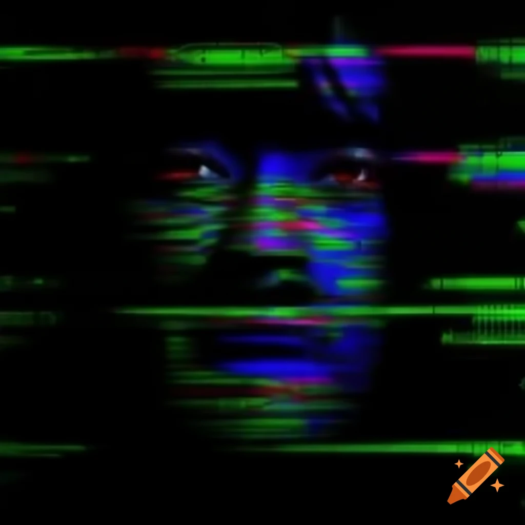 Distorted glitch art close-up of a person's face with vibrant colors on Craiyon