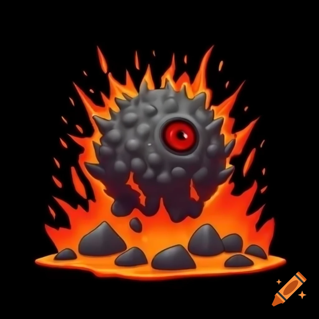 Spiky spherical creature with lava rock skin and red eye on Craiyon