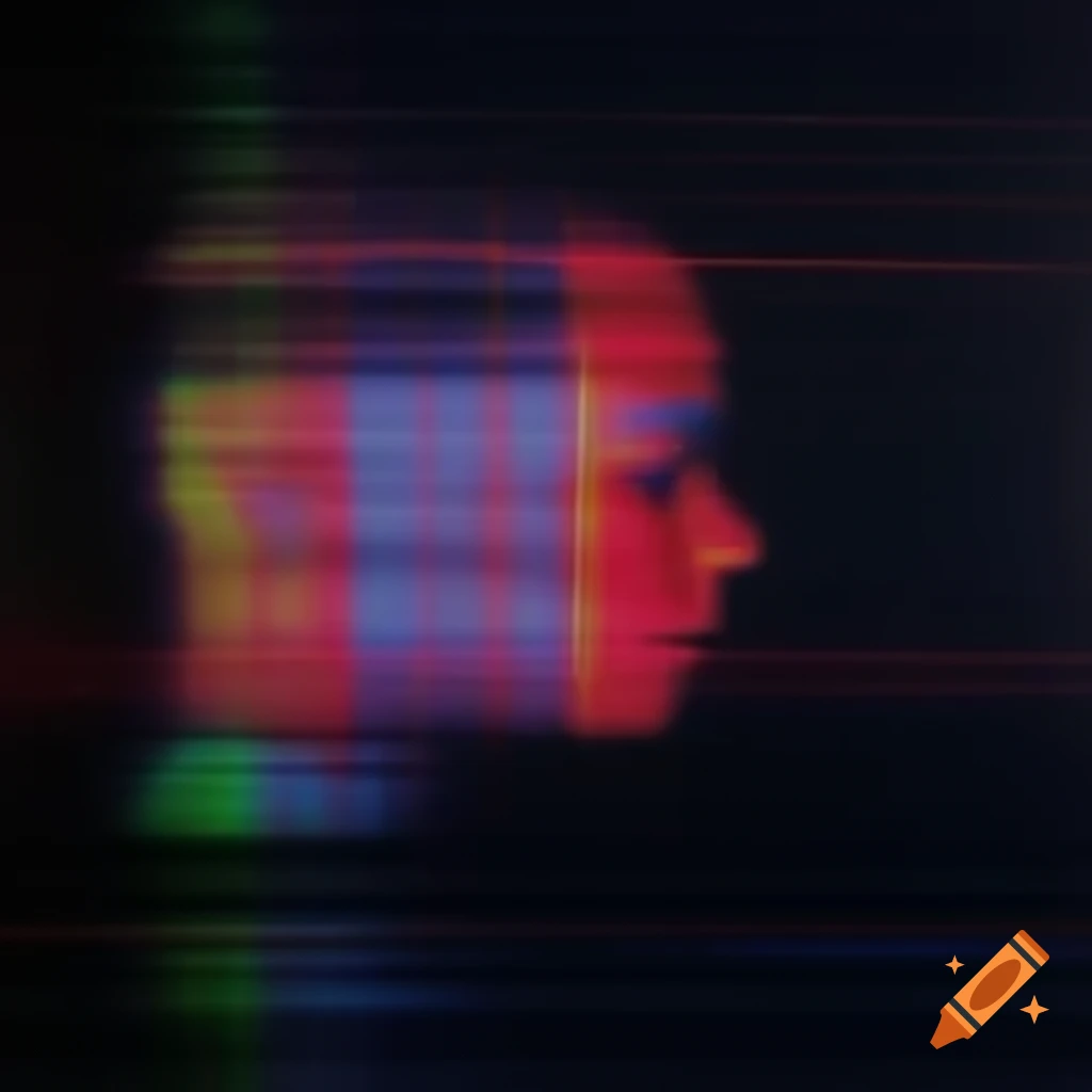 Distorted glitch art close-up of a person's face with colorful digital ...