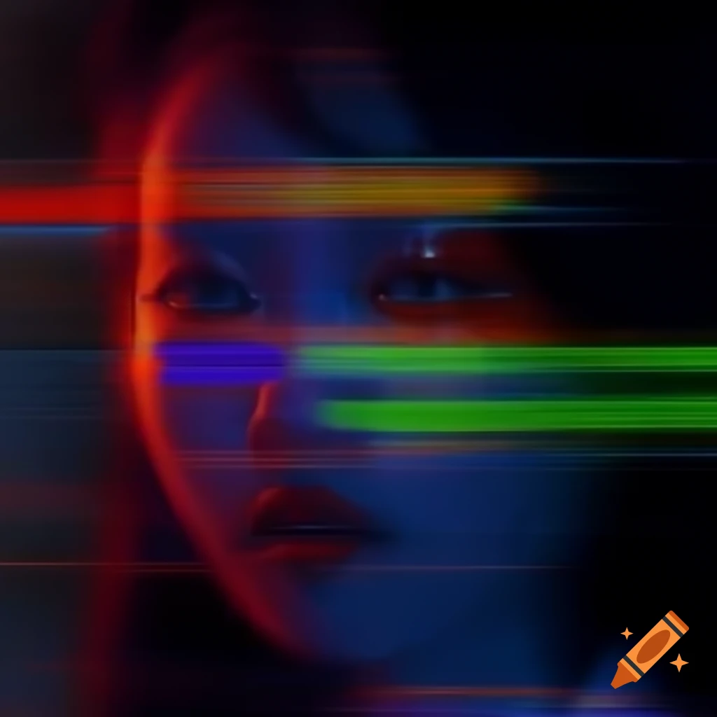 Glitch art close-up of a person's face with digital distortions and ...