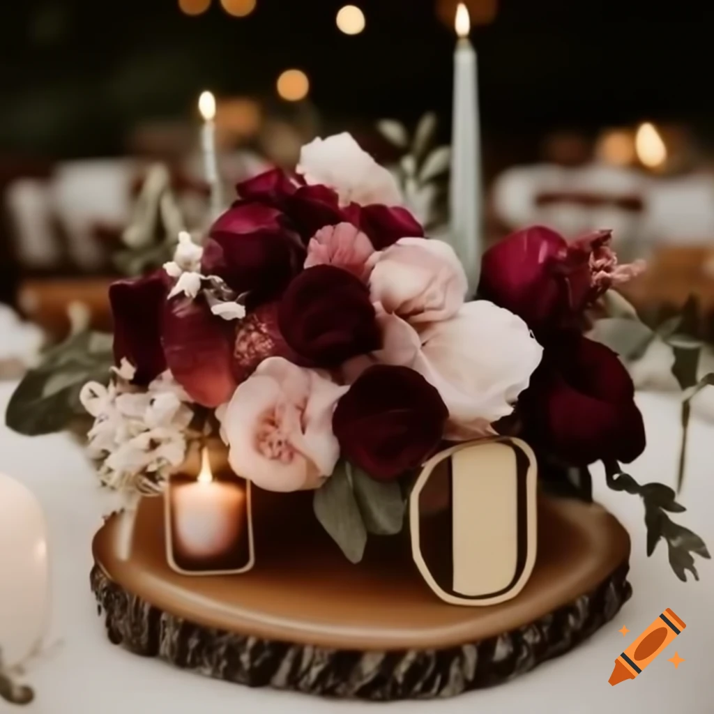 Rustic wedding centerpiece with burgundy and blush flowers on wood ...