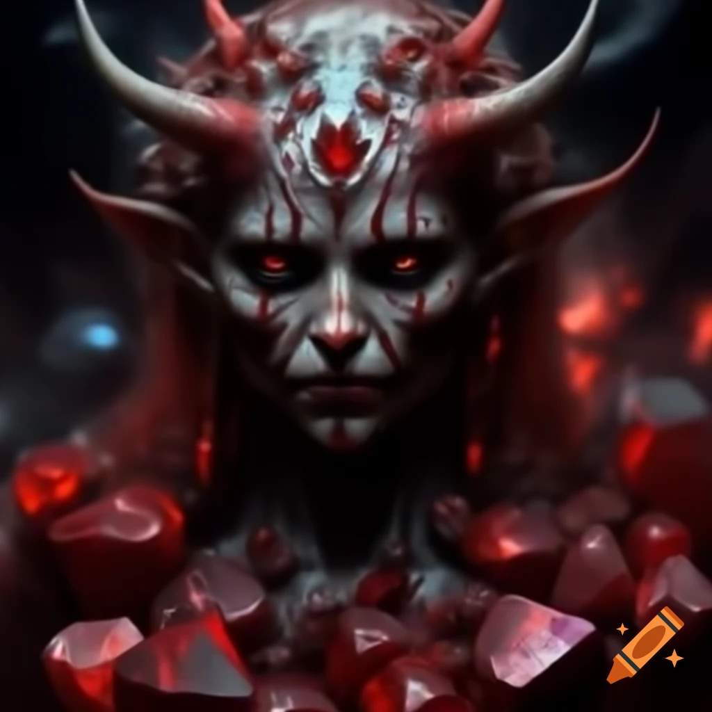 Creepy demon lady covered in red crystals in dark environment on Craiyon