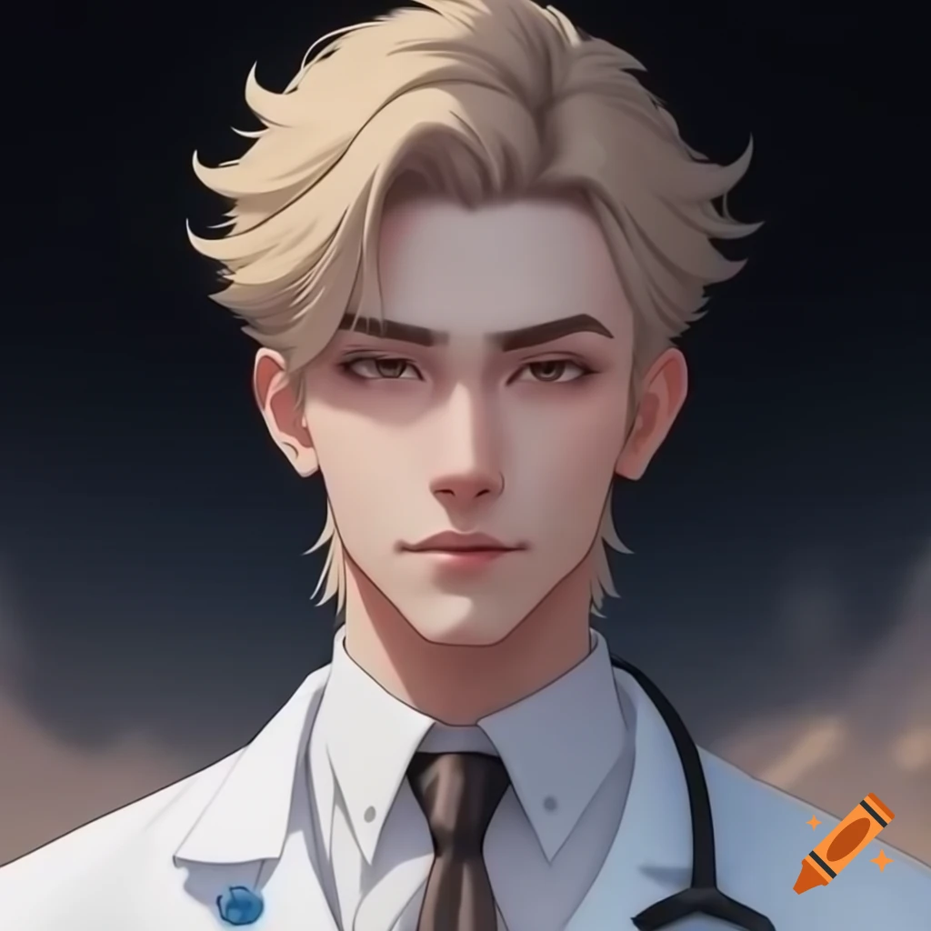 Realistic anime portrayal of a handsome male scientist with messy blond ...