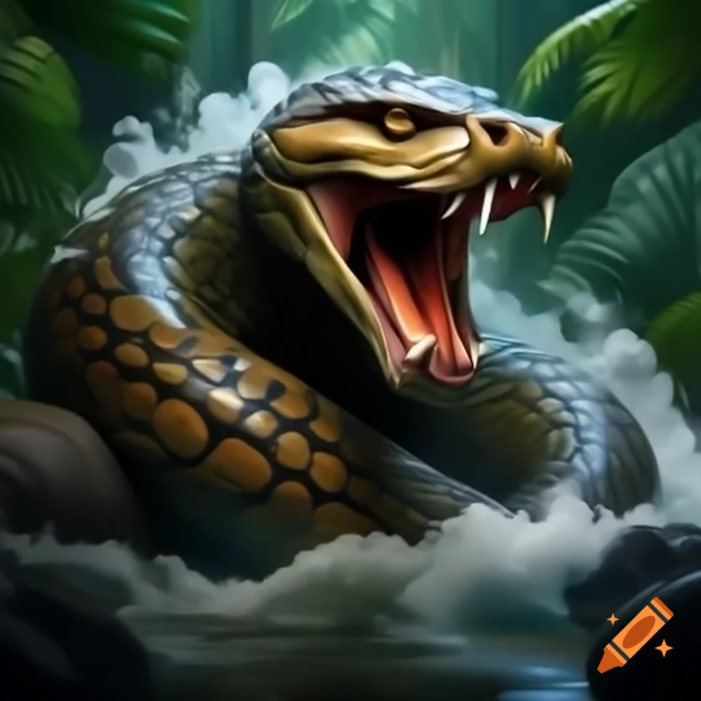 Anaconda battling mythical naga in amazon river surrounded by dense rainforest on Craiyon